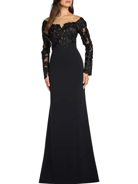 Tadashi Shoji Floral Lace Bodice Long Sleeve Gown - Black/nude