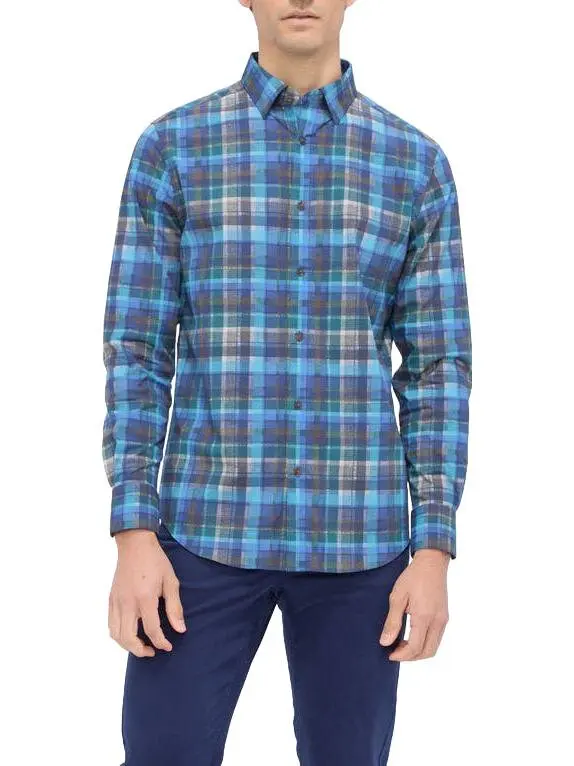 Bugatchi Karl Shaped Fit Check Stretch Button-up Shirt - Teal