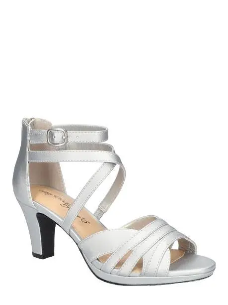 EASY WORKS BY EASY STREET Crissa Strappy Block Heel Sandal - Silver Satin