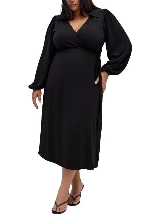 City Chic Arizona Long Sleeve Wrap Dress - Black