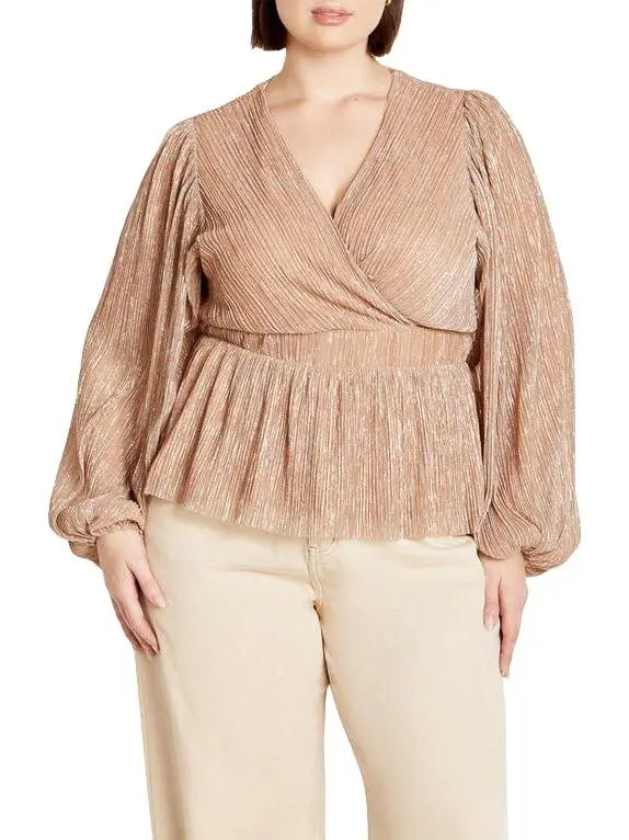 City Chic Lilian Metallic Wrap Front Top - Soft Blush