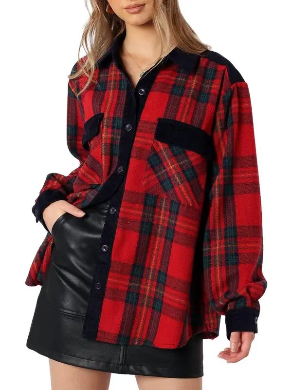 PETAL & PUP Lucille Corduroy-trimmed Plaid Shacket - Red/ Navy