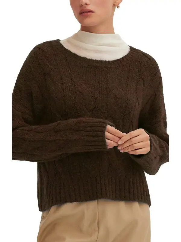 CRESCENT Cable Knit Crew Neck Sweater - Espresso
