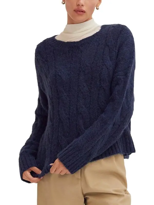 CRESCENT Cable Knit Crew Neck Sweater - Navy