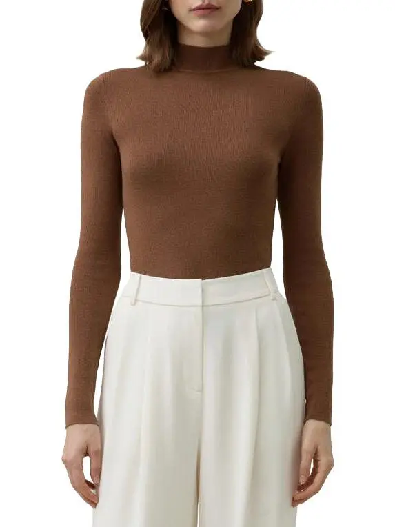 Lilysilk Essential Cashmere Blend Ribbed Mock Neck Top - Henna