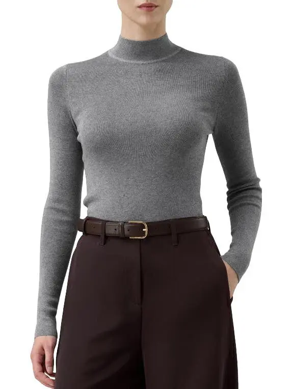 Lilysilk Essential Cashmere Blend Ribbed Mock Neck Top - Medium Gray