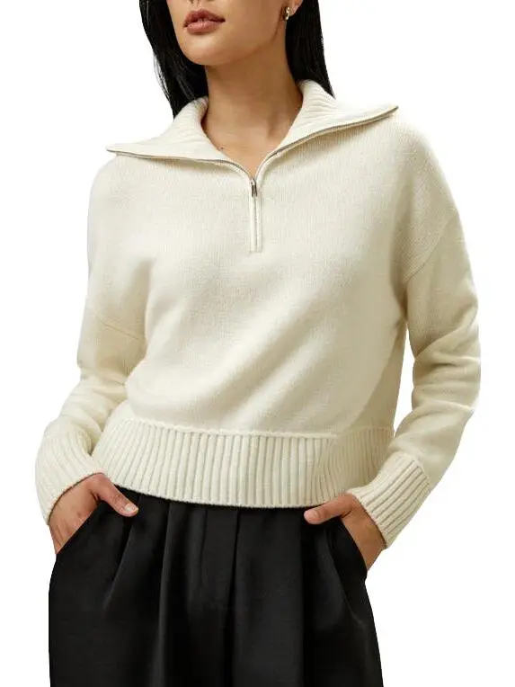 Lilysilk Relaxed Fit Wool-cashmere Blend Sweater With Lapel Collar And Zip-up - White