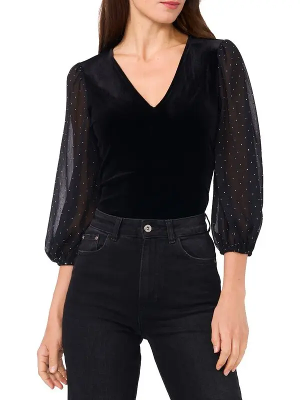 Vince Camuto Rhinestone Balloon Sleeve Velvet Top - Rich Black