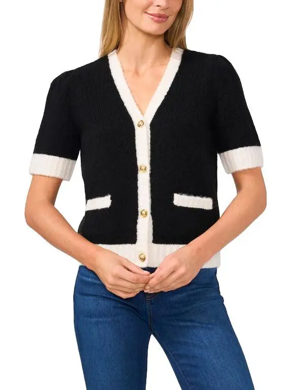 CECE DUPRAZ Contrast Trim Short Sleeve Cardigan - Rich Black