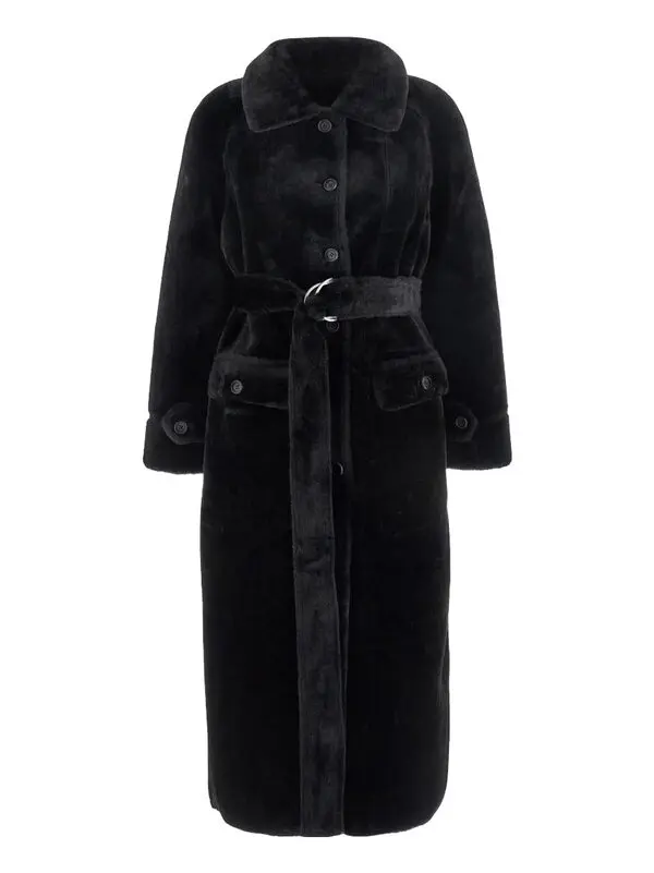 URBANCODE Faux Fur Shearling Belted Coat - Black