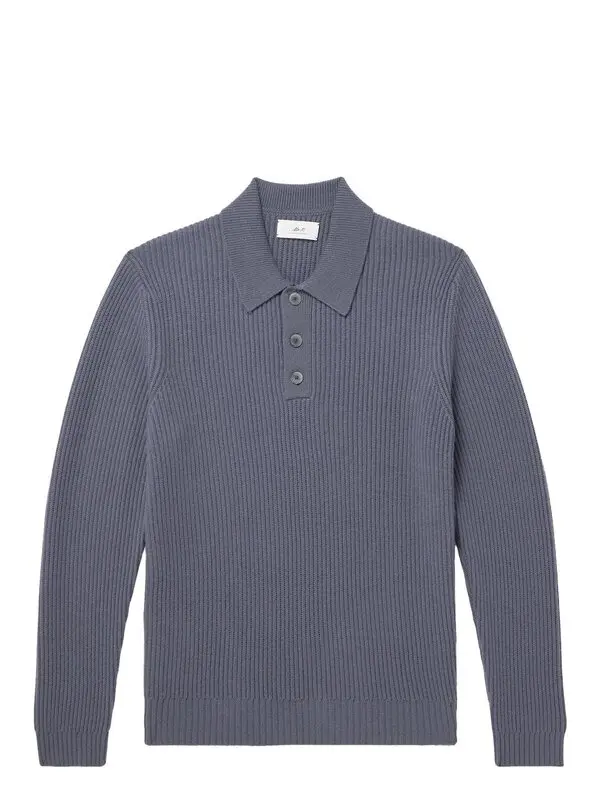 Mr P. Ribbed Cashmere Polo Shirt - Blue