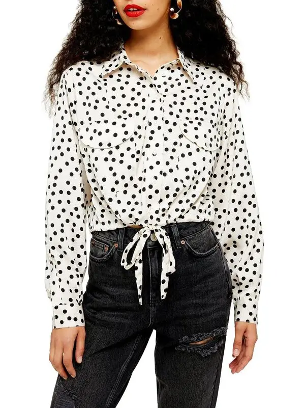 Topshop Polka Dot Drawstring Waist Blouse - Beige