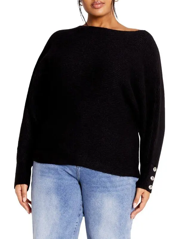 City Chic Eleni Slouchy One-shoulder Pullover - Black