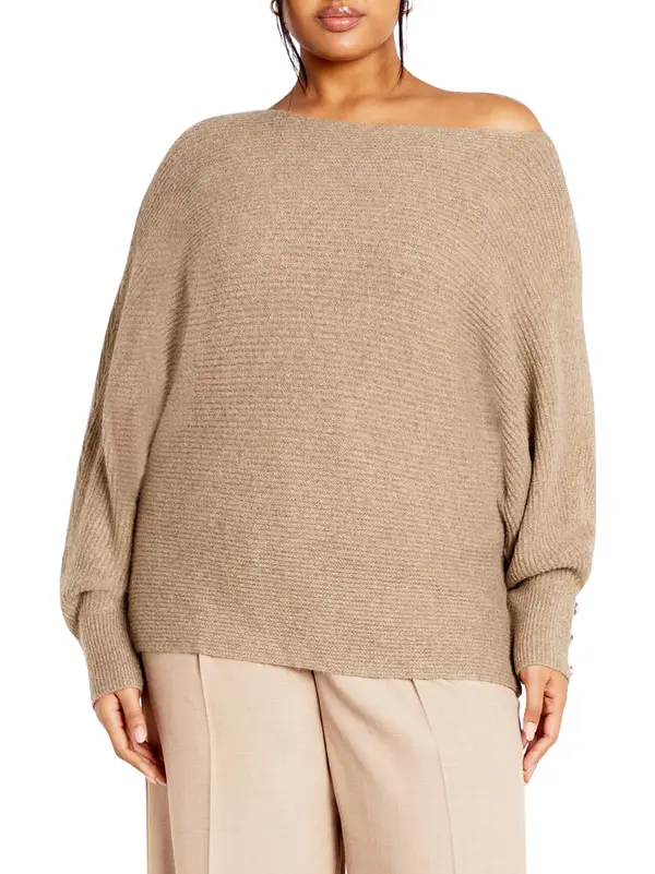 City Chic Eleni Slouchy One-shoulder Pullover - Caramel