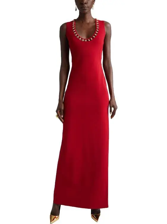 St. John Embellished Milano Knit Gown - Haute Red