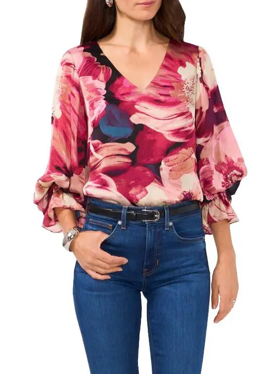 Vince Camuto Floral Print V-neck Top - Rich Black/pink Multi