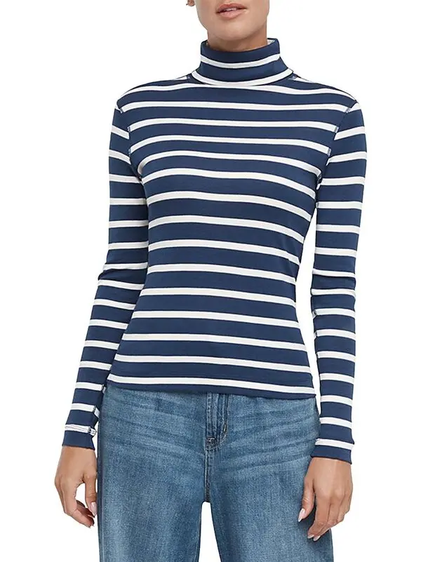 Three Dots Striped Turtleneck Long Sleeve Tee - Medieval Blue