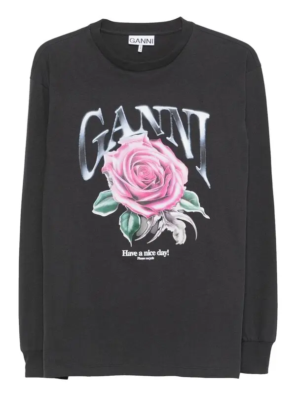 GANNI Rose Print T-shirt - Grey