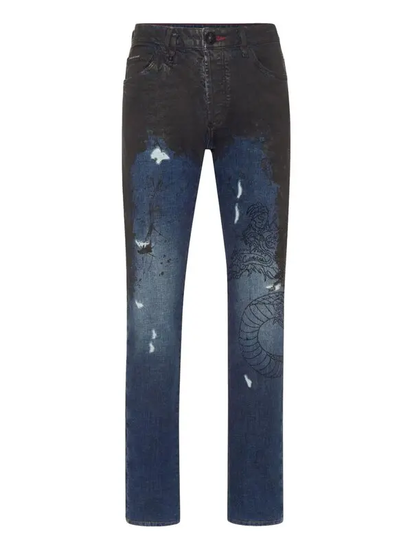 Philipp Plein Dragon Detail Straight Leg Jeans - Blue