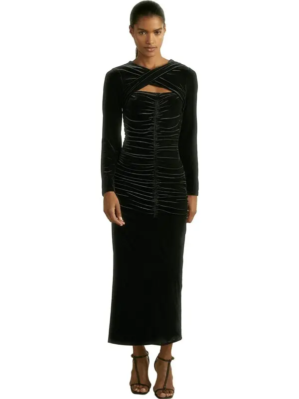 REISS Sia Velvet Ruched Midi Dress - Black
