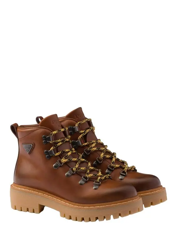 Prada Leather Lace-up Ankle Boots - Cognac