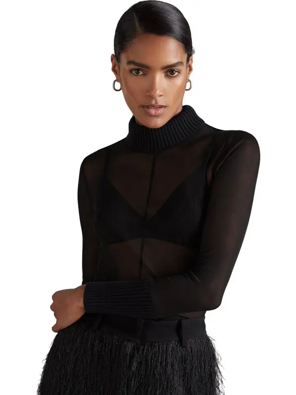 REISS Amber Atelier Sheer-jersey Funnel-neck Top - Black