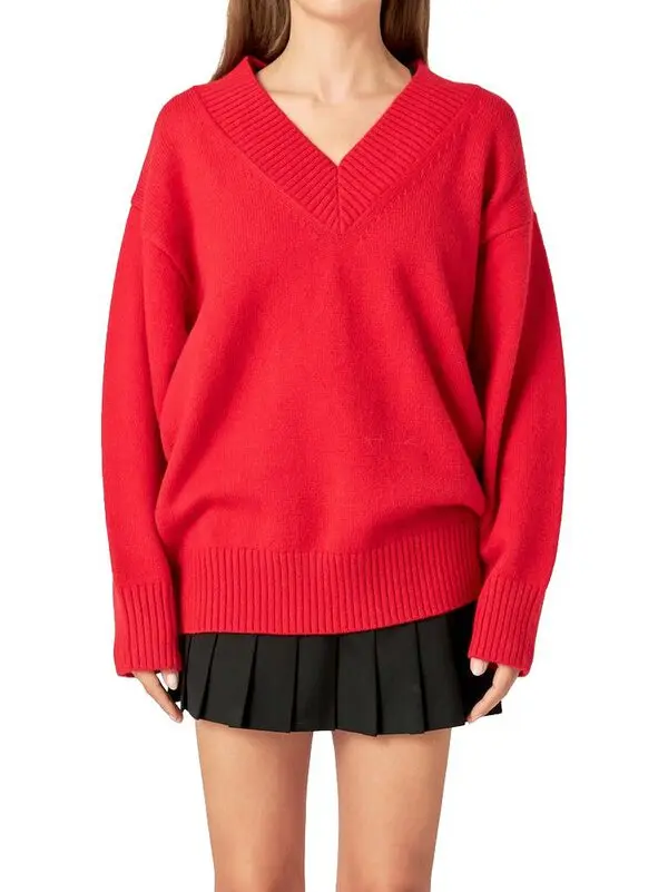 English Factory Oversized V-neck Sweater - Red