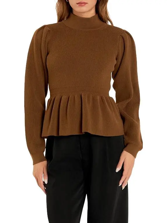 English Factory Mock Neck Peplum Ribbed Sweater - Brown