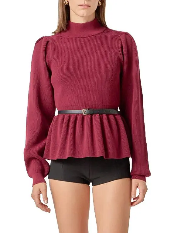 English Factory Mock Neck Peplum Ribbed Sweater - Burgundy