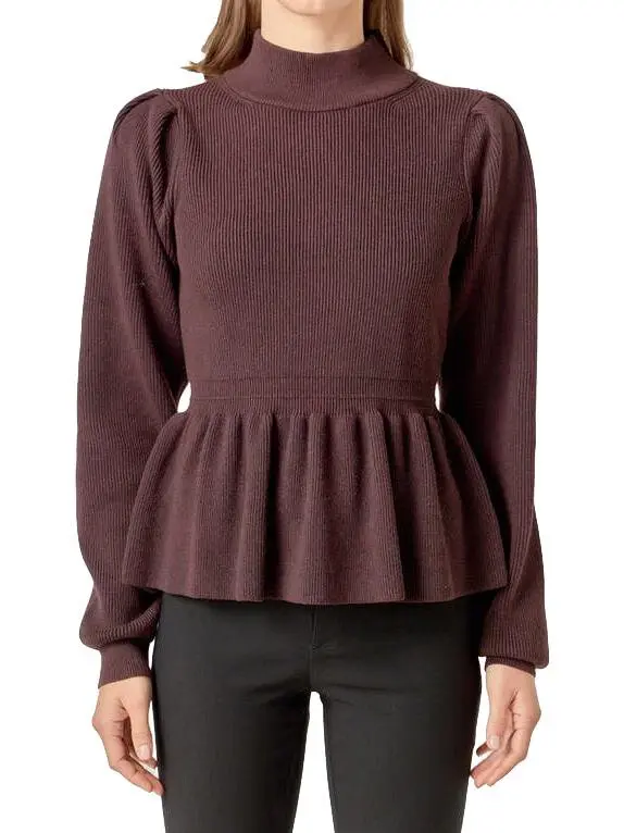 English Factory Mock Neck Peplum Ribbed Sweater - Chocolate Brown