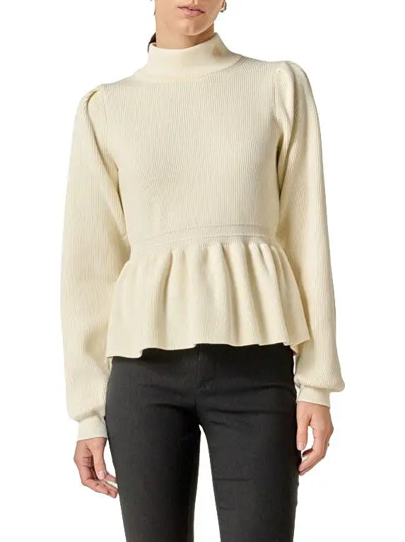 English Factory Mock Neck Peplum Ribbed Sweater - Off White