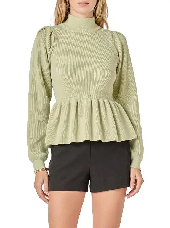 English Factory Mock Neck Peplum Ribbed Sweater - Sage