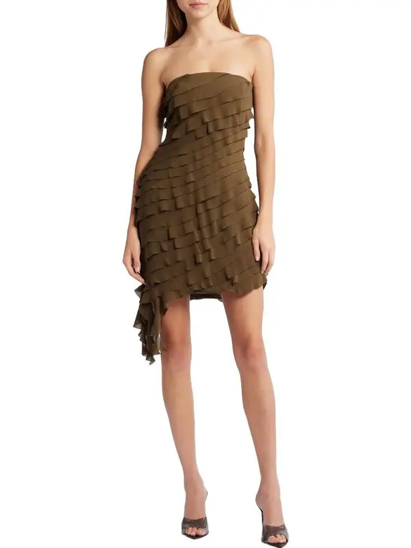 MISTRESS ROCKS Ruffle Strapless Mini Dress - Olive