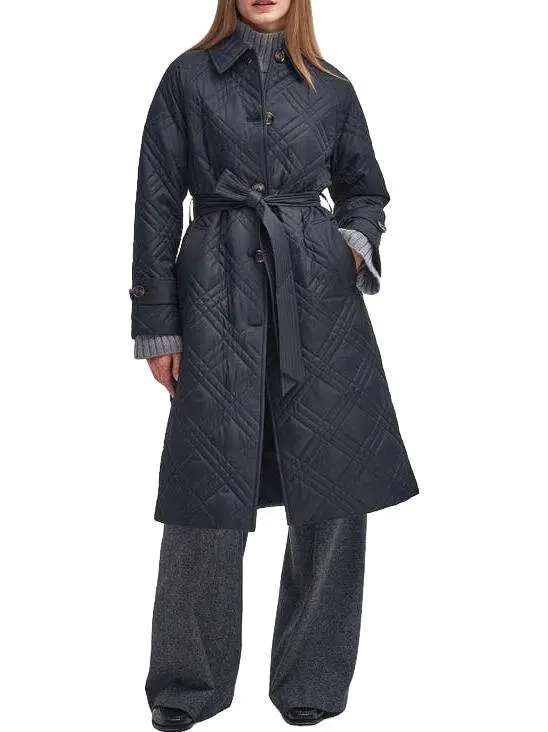 Barbour Mariah Quilted Trench Coat - Black/ Muted Cabernet Tartan