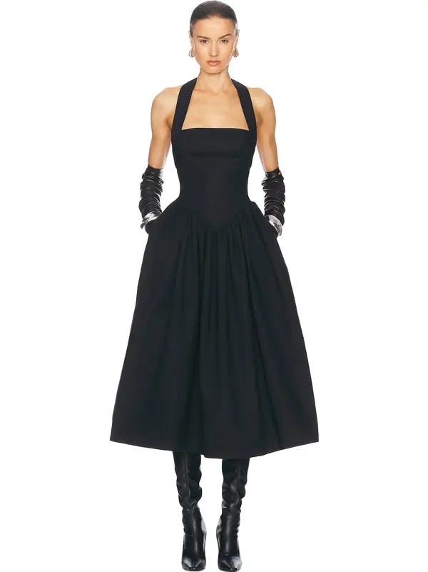 HELSA Faille Halter Midi Dress - Black