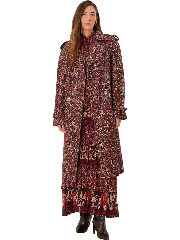 Farm Rio Chelsea Garden Cotton Eyelet Trench Coat - Chelsea Garden Purple