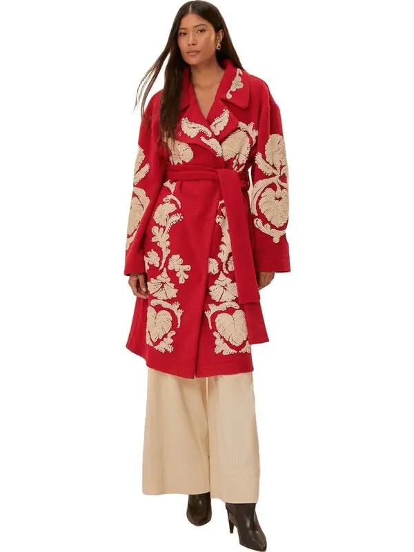 Farm Rio Fleece Coat With Floral Pattern - Helen Red