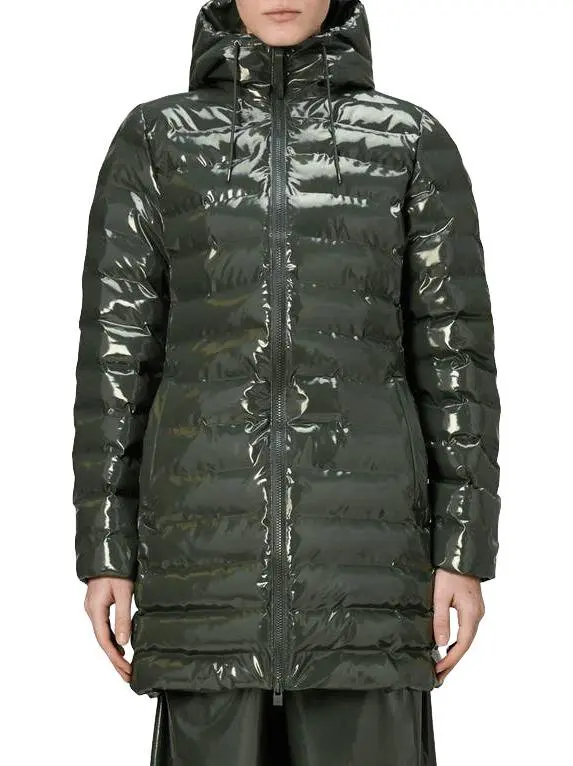 Rains Lohja Curve Waterproof Long Puffer Jacket - Swamp