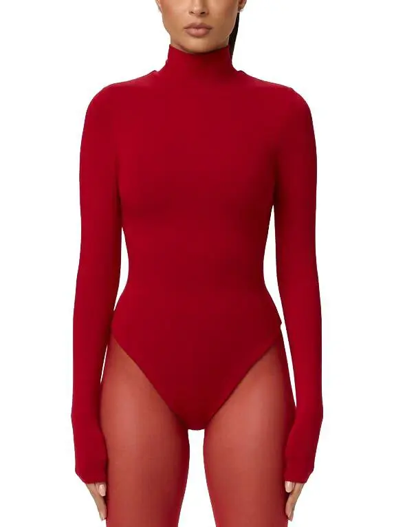 Naked Wardrobe Butter Turtleneck Long Sleeve Bodysuit - Ruby Red
