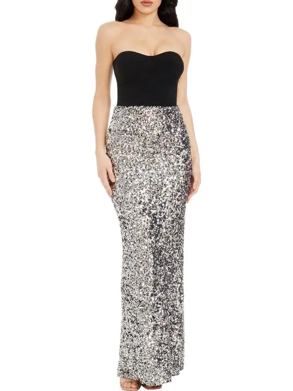 Dress The Population Vada Mixed Media Gown - Black-silver