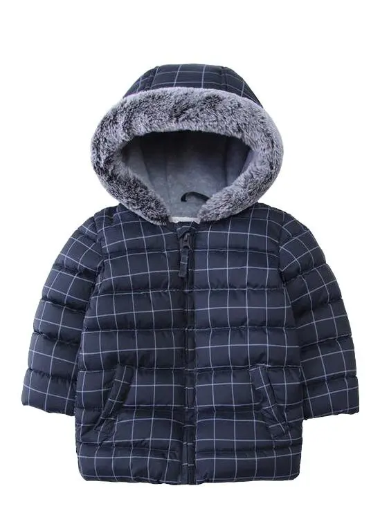 ROKKA&ROLLA Plaid Fleece Lined Hooded Puffer Jacket - Dark Gray Stone White Check