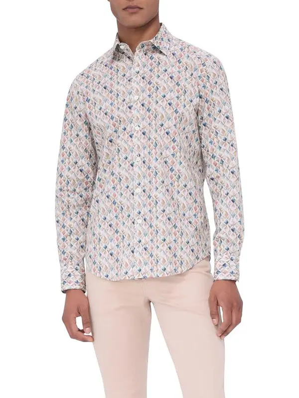 Bugatchi Julian Shaped Fit Mosaic Print Stretch Button-up Shirt - Desert