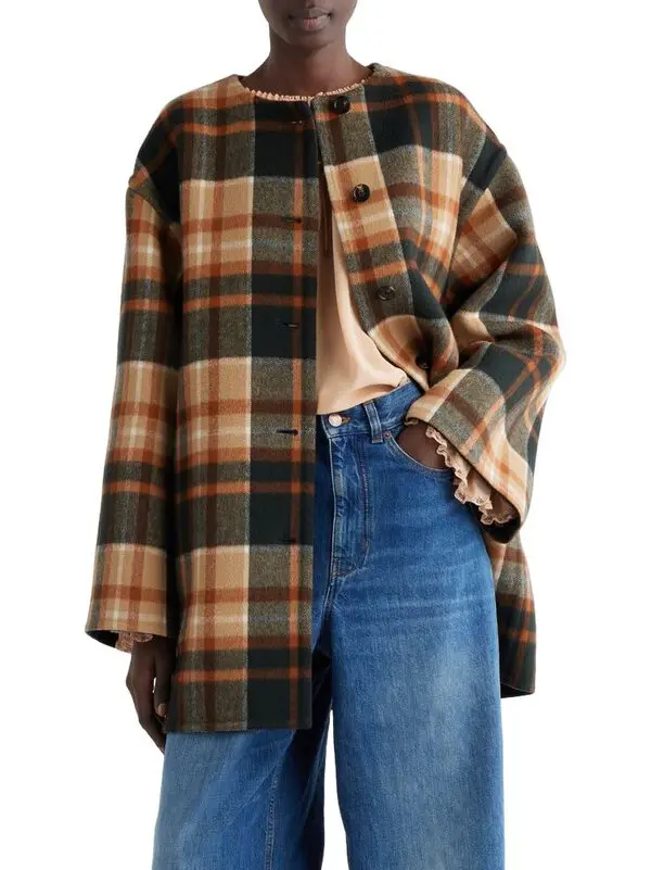 Chloé Check Double Face Wool & Silk Coat - Black Brown