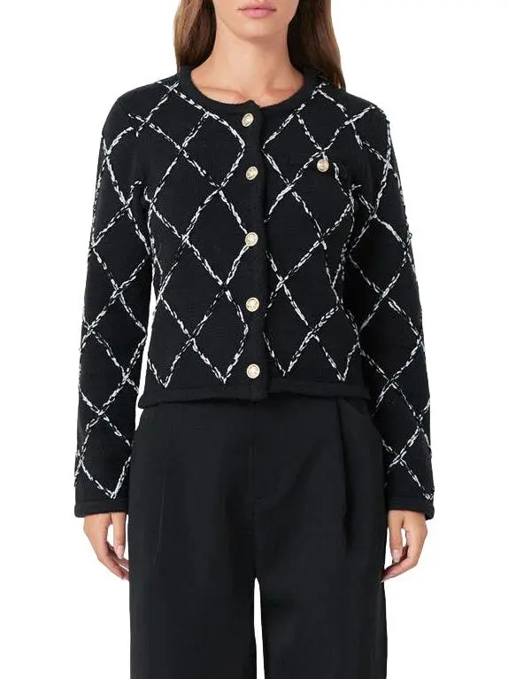 Endless Rose Diamond Pattern Cardigan - Black