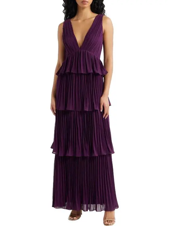 Lulus Tiered Pleated Gown - Eggplant