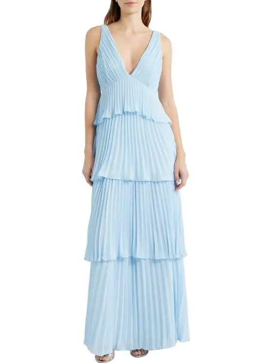 Lulus Tiered Pleated Gown - Ice Blue