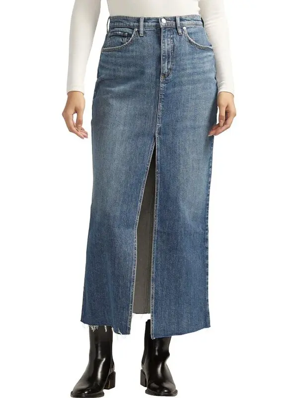 SILVER JEANS CO. Front Slit Denim Midi Skirt - Indigo