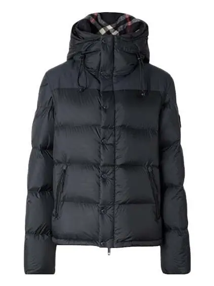 Burberry Lockwell Detachable Sleeve Check Hooded Puffer Down Jacket - Navy Blue