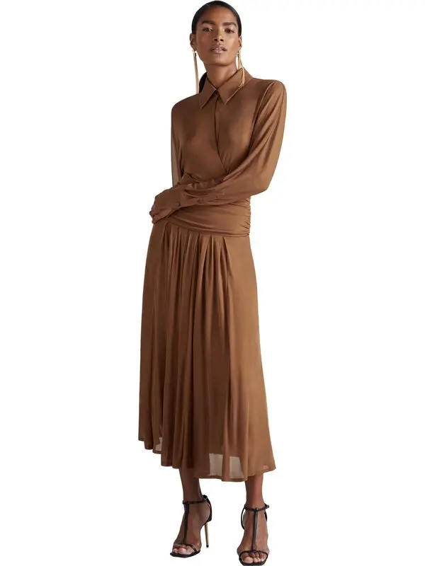 REISS Saffron Atelier Gathered Georgette Maxi Dress - Tan