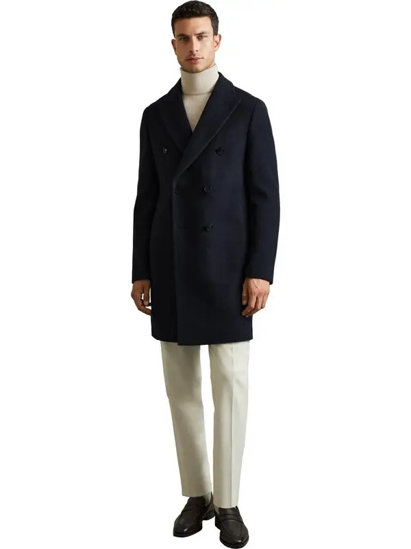 REISS Cliff Wool-blend Herringbone Twill Overcoat - Navy Herringbone